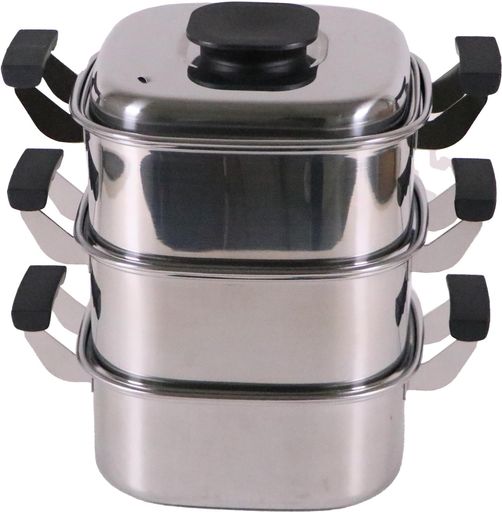 サイズ(約):中子有効内寸/200x200x97mm、1段当たり容量/約6合、段/3段 生産国:日本 素材・材質:18-0ステンレス IH対応