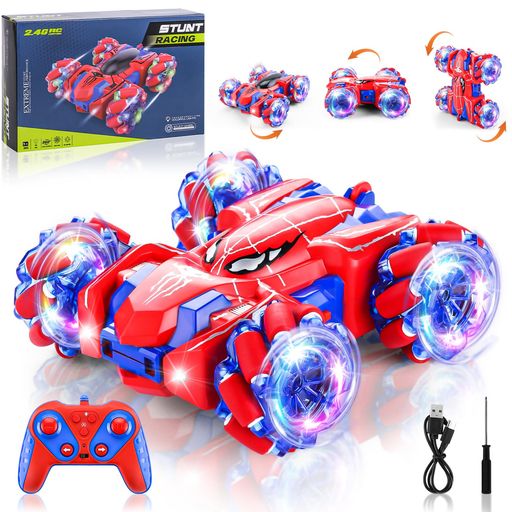 【スパイダーRCカー】クールなLEDヘッドライト付きの4WDリモコンカーは全方向にドリフトでき、両面運転スタントと360°回転を簡単に完了できます。 柔軟で頑丈なデザインにより、落下に強く、耐久性があり、フリップやレースが可能です。 【全地...