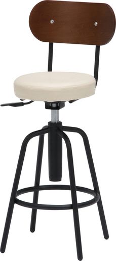 昇降できるヴィンテージ風背付きバースツール サイズ:幅42.5x奥行42.5x高さ84~94cm、座面高60~70.5cm 本体重量:4.8kg 素材・材質:背面/天然木化粧合板(モミの木)、座面/PVC、フレーム/スチール 塗装:背面/ラ...