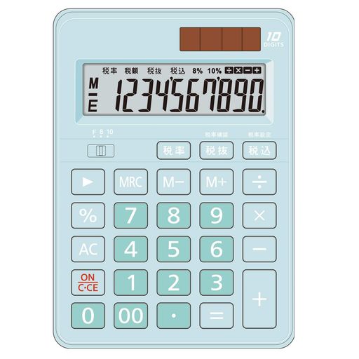 【桁数】10桁 【電源】デュアルパワー電源 【機能】税計算機能付き 【特長】計算状態表示 【ボタン電池】LR1130