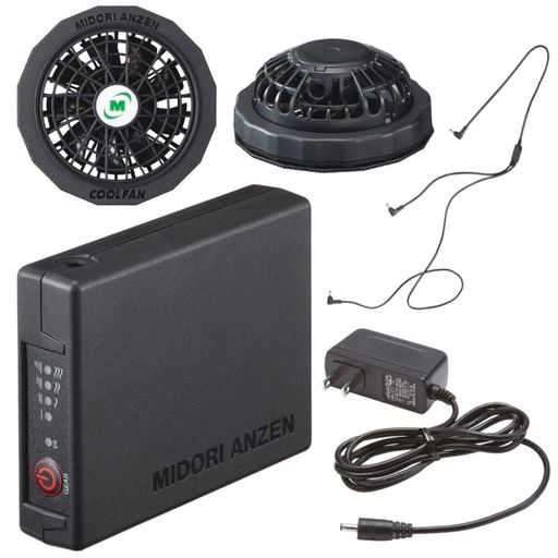 [重量]約550g(ファン2個+バッテリー+接続ケーブル) [入数]1セット [特徴]●ミドリ安全の電動ファン付ユニフォーム「クールファン」シリーズのユニフォーム専用「ファン・バッテリー・アダプターセット」です。●内容物:ファン(2個)、接...