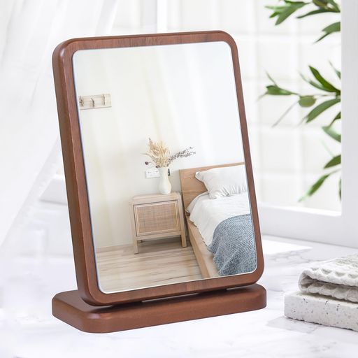 メイク 【商品仕様】商品内容:卓上メイクミラー1個。カラー:ウォールナット色。サイズ:約17.5cm x 22cm x 9cm。重量:約790g。材質:MDF(中密度繊維板)+無垢材。モニターなど環境により画像と若干見え方が違う場合がござい...