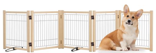 【商品仕様】材質:純天然の木材、丈夫な鉄製。色:さまざまな装飾スタイルに適した原木色。展開時サイズ:高さ43cmx幅292cm。収納時サイズ:高さ43cmx幅58cm。重量:(約)5.5kg。セット:5枚パネル補助スタンド3個。 【ペットに...