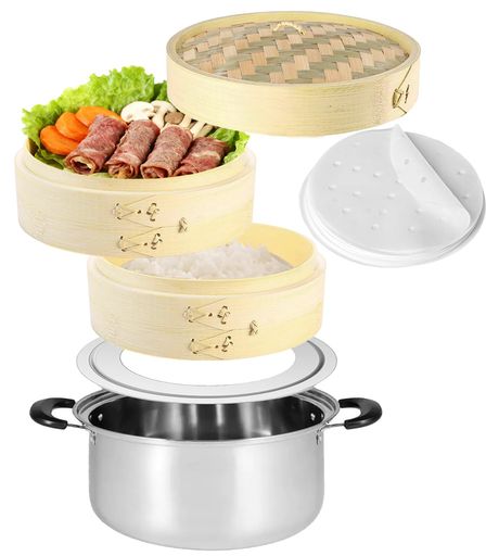 【天然竹製の職人技】弊店の蒸篭は手作り竹の釘で作れるなので、接着のりなど使用していない、天然竹製ならではの風格あり、自然の風合。2段式の竹製蒸し器(ふた付き)と、蒸し料理に便利な蒸篭用シート100枚がセットになっており、料理好きの方にぴった...