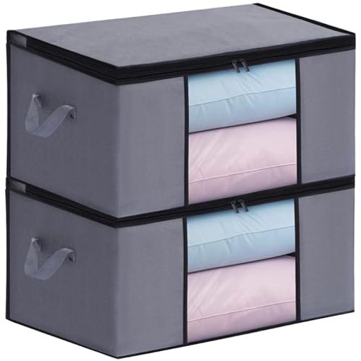 収納袋サイズ:約幅60x奥行43x高さ35cm、90L、大きなキルト、または8本の毛布、または2つまたは3つの枕、または35枚の衣類を保持できます。その大容量により、冬の服、セーター、枕、毛布、羽毛布団などが簡単に保管できます。それはあなた...