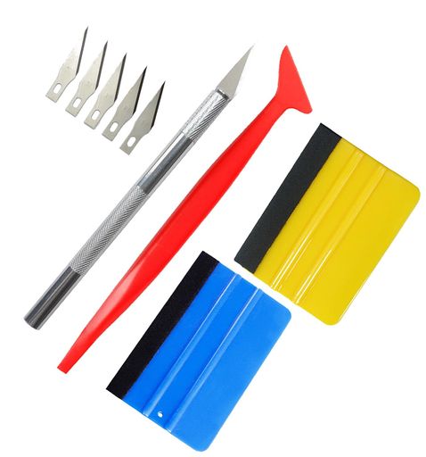 【万能ツール】カーボンシートはりフェルトスキージーヘラ、スモークフィルムはりスエードスキージー、柔らかいラップスティックスクイージー、切り絵カッター、5枚の替え刃が含まれる5点セットのキットです。 【簡単施工】気泡やキズを防ぎ、ラッピングフ...