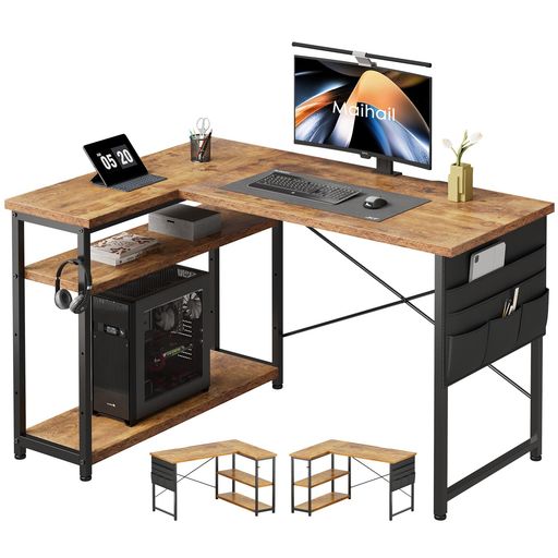 【棚は左右に取り替えがきく】L字型の棚の左右も切り替え自由なので、様々なシーンにあわせます。サイドの収納袋の位置もL字型の本棚の位置に合わせて変えています。 【十分な収納スペース】l字デスクの反対側に引き出しとレイヤを追加して収納スペースを...