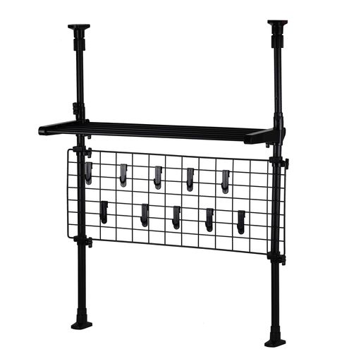 製品サイズ:(約)幅67x奥行26x高さ71~121cm、製品重量:(約)1.7kg 素材・材質:パイプ・ネット/鉄(エポキシ樹脂塗装)、樹脂部/ABS樹脂、すべり止め/PVC、耐荷重:(約)全体で10kg 生産国:中国 フック10個付 工具不要