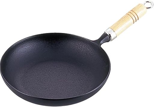 野菜の炒め物、肉や魚のパン焼き、ステーキの焼き付け サイズ(cm):38.5x21x(H)8.5 内径20.5cm 深さ4cm 材質:本体...鋳鉄(黒焼付加工) 取手...木製 原産国:本体...日本 取手...中国、日本