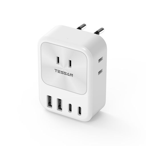 【7台同時充電対応】Cタイプ変換プラグは変換プラグは3口AC口、2ポートのUSB-Aと2ポートのUSB-Aを搭載し、合計7台のデバイスを充電可能。別途充電器を持ち歩く手間が省けます。AC差込口は3方向に干渉しない設計で、効率よくスペースを活...