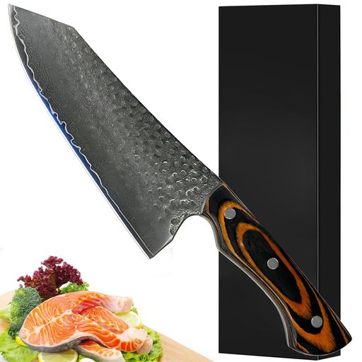 【万能菜切包丁】【全長】約308mm【刃渡り】約188mm【刃幅(刃元)】約65mm【背の厚み(刃元)】約2mm【刃材】33層ダマスカス鋼【刃紋】白波紋【刃処理】槌目模様【柄】天然木【柄丈】約125mm【柄幅】約30mm【刃】両刃【重量】2...