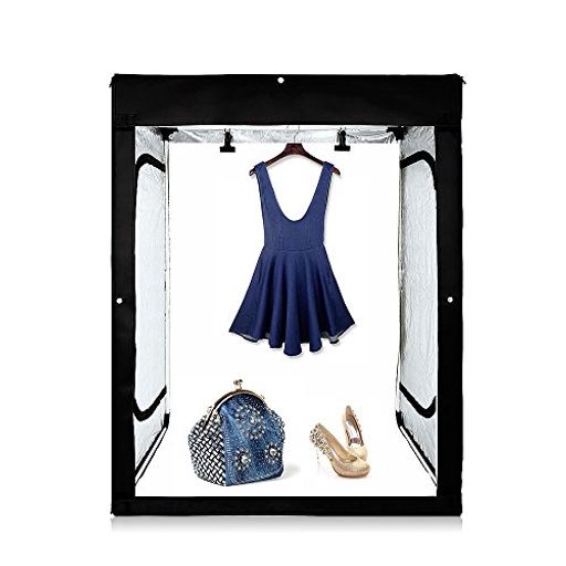 【サイズ】組み立て後:120x80x160cm。梱包時:120x20x22cm 【パッケージ内容】スタジオボックス本体x1、LEDライトx6(一本あたり96個のビーズ)、調光電源アダプターx3、柔光布x3、PVC背景布x3(黒、白、青)、ブ...