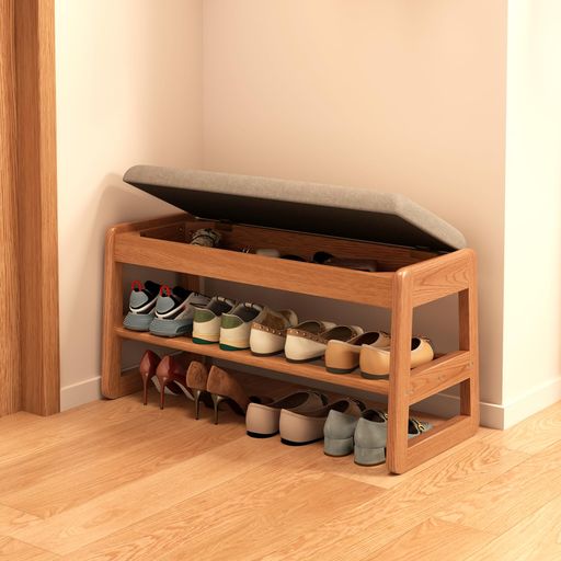 【座って靴の脱ぎ履きがしやすいデザイン】Mangowoodの無垢材を使用した玄関ベンチです。座面には馬鞍型のクッションを採用し、腰掛けた際の体の収まりがよく、靴の着脱がしやすい形状に仕上げています。落ち着いた佇まいで、毎日の使い勝手を静かに...