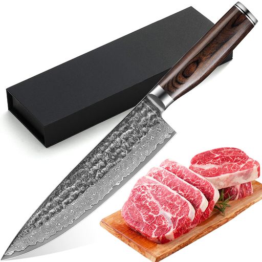 【肉切料理包丁】 【全長】約339mm 【刃渡り】約206mm 【刃幅(刃元)】約46mm 【背の厚み(刃元)】約2mm 【刃材】59層ダマスカス 【刃紋】槌目白波紋 【芯材】VG-10号 【柄長】約125mm 【柄幅】約30mm 【柄材】...