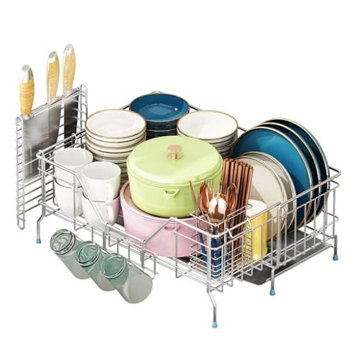 【高品質304ステンレス】水切りラックは高品質なSUS304ステンレス製で、金属光沢が美しく、耐久性に優れています。底部の滑り止めフットカバーは安定性を保ち、揺れにくいように設計されています。耐久性がありラフで、長時間の使用に適しています。...