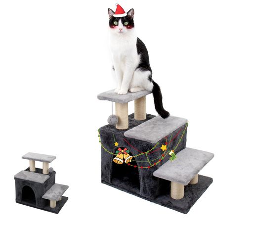ジャンプ 🐾【3WAY多機能デザイン】階段・爪研ぎ柱・ハウスが一体型!高齢猫のベッドステップ/子猫の遊び場/小型犬の休憩所として活用可能。4本の爪研ぎ柱付きで家具保護にも貢献します。 🐾【シニアペットに優しい...