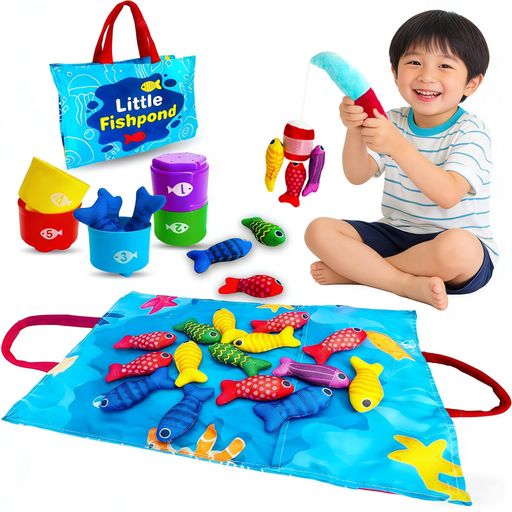 【モンテッソーリ風知育玩具フィッシングセット】22点セット、フィッシングポール、15匹の魚、5個のスタッカブルな魚のバケツ、収納バッグとしても使える海洋マットが含まれています。知育玩具として子供の好奇心を引き出し、実践的な学びと積極的な探索...