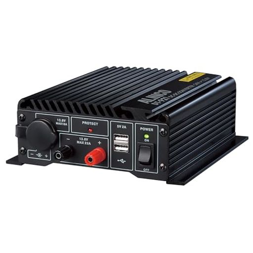 入力電圧:DC21V~28V(定格 DC24V) 出力電圧:13.8V固定 出力電流:連続20A(間欠 22A)+ USB 2A 出力電圧変動率:2%以下 各端子の連続出力:メイン陸軍端子 20A / シガーソケット 10A / USB端子...