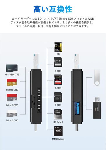 【収納ボックス型 カードリーダー】本製品は、ただのカードリーダーではなく、大切な小さなガジェットをまとめて収納・管理できる「4-in-1収納ボックス型」デザインを採用。SDカード、microSDカード2枚、SIMカード、USBメモリ、そして...