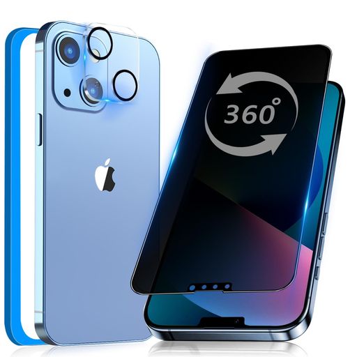 『対応機種』 iPhone 13 専用(両眼カメラ、6.1インチ) 【パッケージ内容】 360度覗き見防止ガラスフィルム*1枚 +カメラフィルム*1枚 + ガイド枠 *1枚。携帯は端部のカーブがフィルム剥がれ、浮きの防止、スマホケース装着ス...