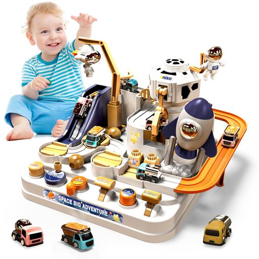 【指先訓練、想像力・挑戦力を鍛える】宇宙をテーマにしたカーアドベンチャーには、宇宙飛行士、ベルトコンベア、クレーン、接続橋、回転道路が含まれており、トラックを変更して車を制御して前進してゴールに到達することができます。このカーアドベンチャー...