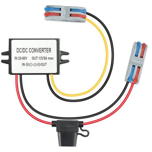 パワーコンバータ:DC20V~60V~DC12V3Aパワーコンバータ、安定した性能と90%以上の変換効率、耐久性と優れた熱保護、内部接着とアルミ合金外箱、優れた流動性 電圧範囲:入力電圧範囲:20Vから60V;出力電圧:12V;出力電流:3...