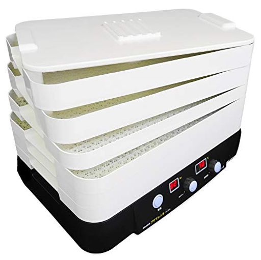 32x45x32cm 使用電源:AC100V(50Hz/60Hz) 消費電力:530W トレー:6段(オプション:15段まで可能)エアフィルター:毎日10時間使用で3か月使用可能温度調節:35°C~70°C 本体重量(kg):5.7
