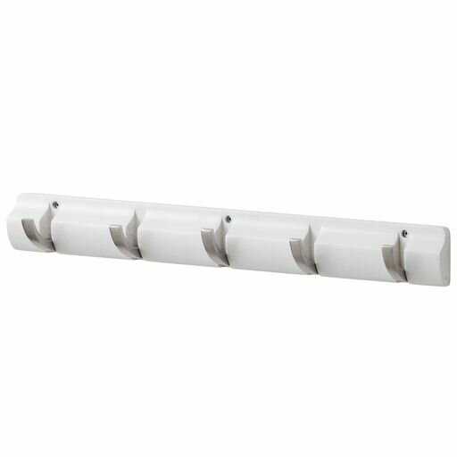 5連ウォールフックハンガー サイズ:幅57x奥行2.5x高さ6cm 本体重量:0.8kg 耐荷重:[ピン取付時]1フック当たり1kg[ネジ取付時]1フック当たり2kg 素材:[本体]ラバーウッド[フック部分]アルミ合金