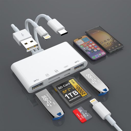 【5-in-1 カメラリーダー】2*USB ポート + 1*SDポート(SD /SDHC/SDXC/MMC/RS-MMC)+1*TFポート(Micro SD/Micro SDHC/Micro SDXC)1*Lightningポートが装備され...