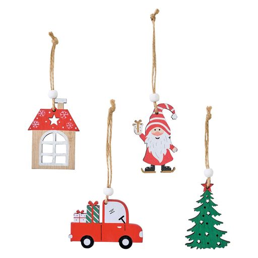 色名:ミックス 素材:木製、麻ひも サイズ:W3.4~6.2xD0.4xH4.1~6cm、サンタ:W3.4xH5.8cm、家:W4.4xH6cm車:W6.2xH4.1cm、ツリー:W3.8xH5.8cm