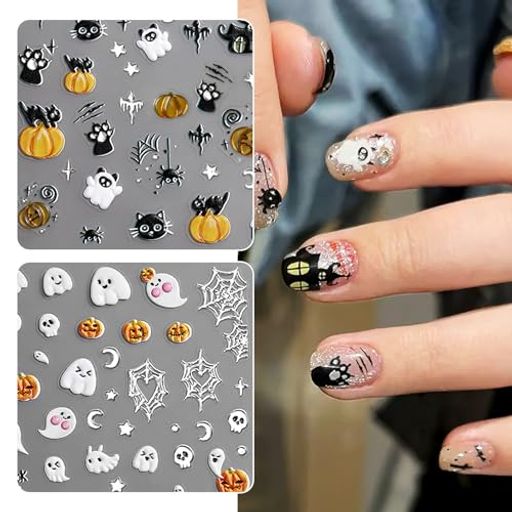 【可愛いハロウィンシール】ハロウィン限定のネイルシールです。かわいらしく小ぶりな柄が指先にあしらわれ、ハロウィンの雰囲気たっぷりです 【5D立体的なデザイン】ぷっくりとした立体的なネイルステッカーには、カボチャや黒猫、幽霊などの絵柄が含まれ...