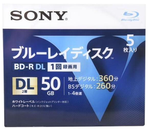 【商品情報】 ソニー ブルーレイディスク BD-R 4倍速 2層 5枚 5BNR2VLPS4 内容量：5枚 商品サイズ(高さ×奥行×幅)：26mm×142mm×125mm ブランド名：ソニー(SONY) メーカー名：ソニー