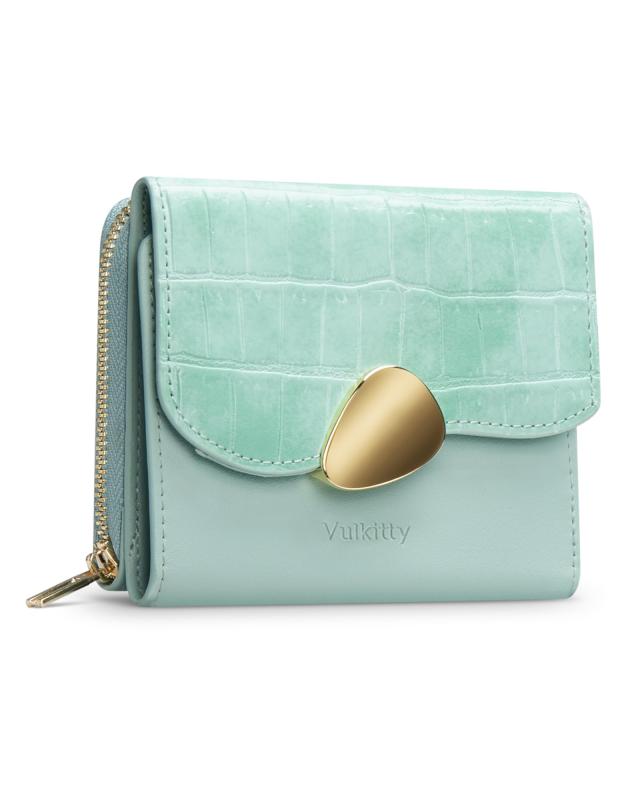 Vulkitty 三つ折りレザーウォレット 女性用 RFIDブロッキング ジッパーポケット付き小型コンパクト財布 ギフトに最適
