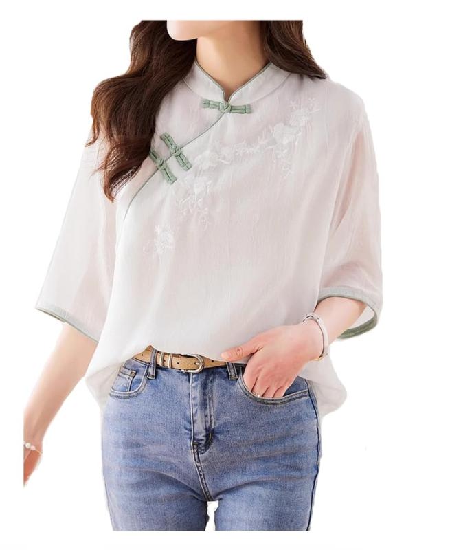 [Atopddan] チャイナボタン シャツ レディース 半袖 夏 中国風 シャツブラウス シフォン ブラウス 刺繍 通勤 トップス カジュアル チャイナ服レディース中国風シフォンブラウス。S　着丈59cm　バスト94cm　肩幅39cm　袖...