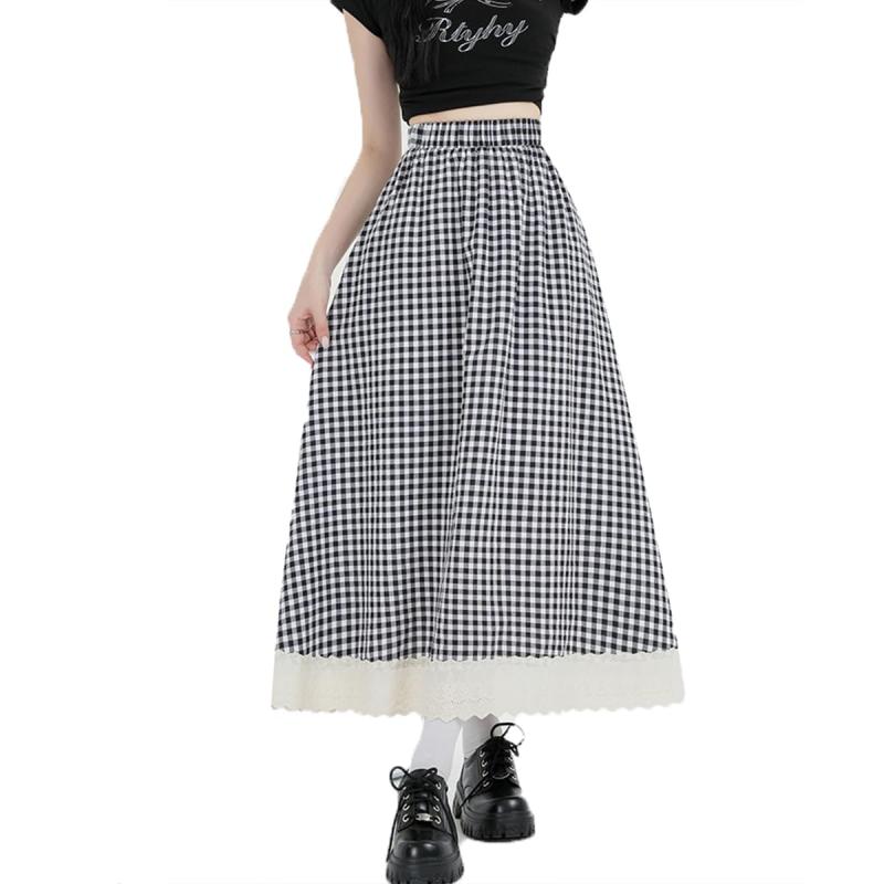 [KANO SEIKA] レディース チェックスカート ロングスカート 森ガール ヴィンテージ スカート 女の子 コットン Aライン ハイウエスト ゴム レース 大きいサイズ 着痩せ 体型カバー カジュアル 普裏地 : あり・伸縮性 : な...