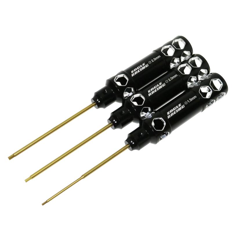 SPストロング六角ドライバー超硬チタンコート仕様 (1.5・2.0・2.5) HD-3SET-Tイーグルの未来感覚ハンドルに最高級硬質チタンコーティングを施した六角ドライバーです。サイズ 21.9X172mm 　重量 97.5g