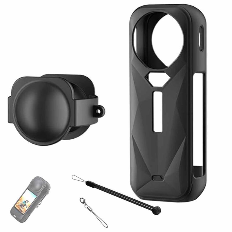 For Insta360 X5 シリコンカバー＋レンズキャップ 無臭でソフト 防水防塵 軽量 耐衝撃性 シリコン素材 キズ防止 着装まま充電可能 for Insta360 X5用 専用保護カバー指紋防止 簡単装着「ストラップ