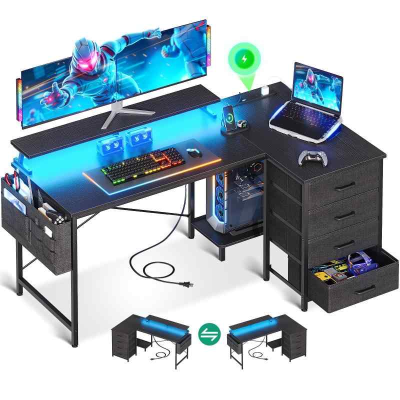 AODK ゲーミングデスク パソコンデスク l字デスク 引き出し&amp;コンセント付き 幅140/160cm 机 pcデスク ゲームデスク LED付き gaming desk l shaped 在宅ワーク/オフィス用 左右入れ替え対応