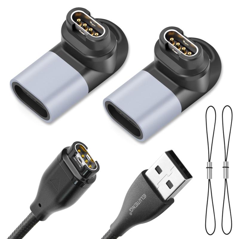 ELUTENG ガーミン用変換アダプター 2個 L型 + 充電ケーブル 1m セット USB Type C対応 ガーミン 充電ケーブル 急速充電 充電器 for Garmin 紛失防止ストラップ付き Fenix Venu2 s70 Fore...