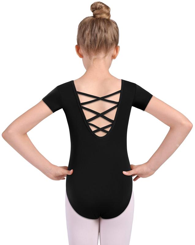 [DANSHOW] 女の子のダンスバレエレオタード 黒 半袖バレエレオタード新体操 練習用 競技用柔らかいコットンが肌を保護し、汗を吸収し、ダンス中にベタつきません背中にクロスストラップデザイン、ユニークでエレガント。半袖スタイル、夏に最適...