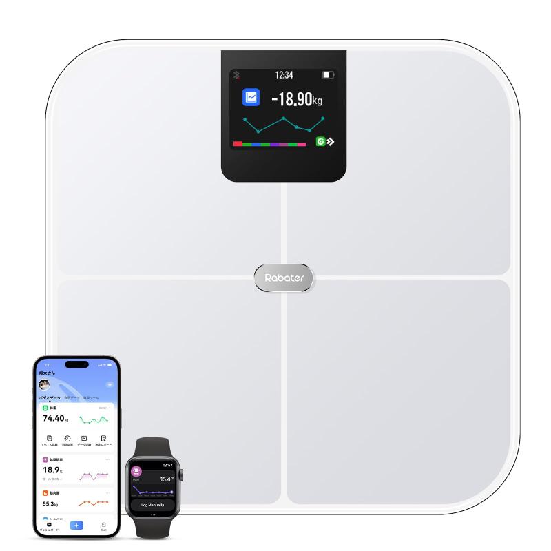 Rabater 体重計 体組成計 体脂肪計【今風のスマート管理アプリ】必要なのは“乗るだけ”。計測、データ管理、分析まで無料・専用アプリにお任せまた、健康管理の鍵は食事管理です。従来のアプリと異なり、「Unique Health」は食事を記...