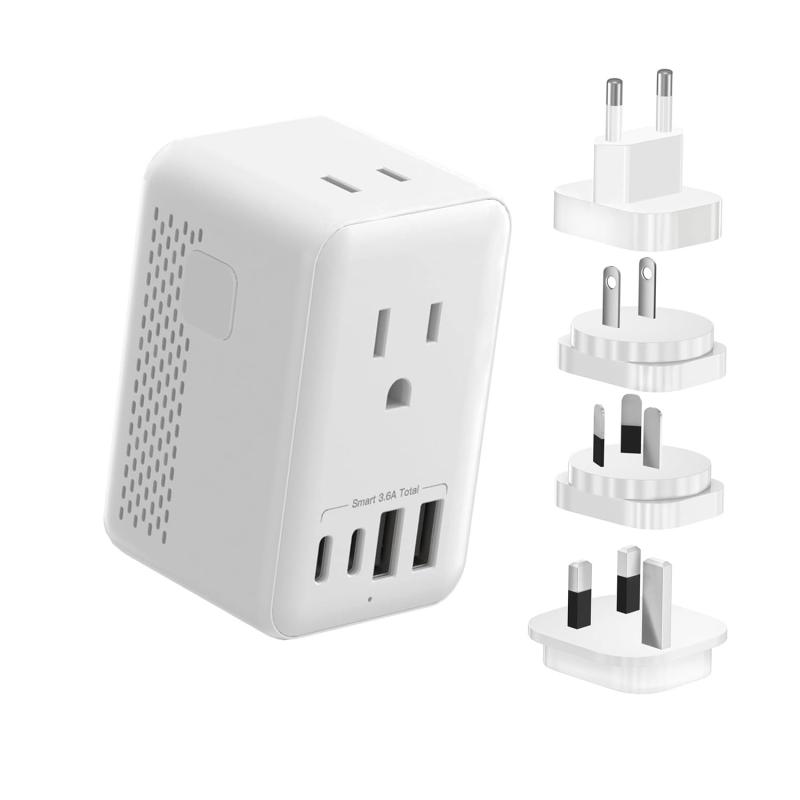 海外旅行用変圧器 220V→100V 変換｜ACコンセント2口＋USB-C×2・USB-A×2｜C/BF/O/A変換プラグ一体型｜アメリカ・ヨーロッパ・韓国・オーストラリア・イギリス・中国など対応｜軽量 旅行・出張用(1)【海外専用・変圧機...