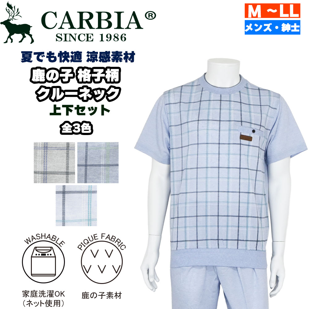 商品管理番号301-9012商品名紳士 半袖 撚杢鹿の子 前身プリント格子柄 クルースーツ 上下セットCARBIA カルビアサイズM 身丈：69cm 身巾：53cm 肩幅：45cm 袖丈：23cm ウエスト：68〜78cm 前股上丈：32c...