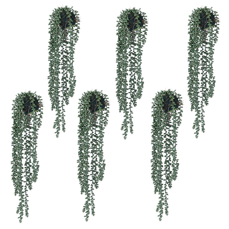 サイズ長さ57cm人工観葉植物グリーンネックレス ハンキングボール 57　【 6 個入り】麻紐付き材質：ポリエチレン水やり不要の人工観葉植物です。スタイリッシュに空間をデザイン、吊るして飾るグリーンです。ホテルのロビー、レストラン、グリーン...
