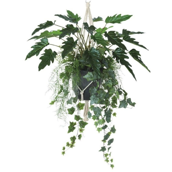 ◆サイズ◆約幅70×奥行80×高さ45×長さ90（総全長約110）cm器サイズ：直径20.1×高さ18.3cm（底直径12cm）紐の長さ（ポット底からS字フックまで）約66cm※紐の長さは、重みや結び目によって多少前後します。人工観葉植物ク...