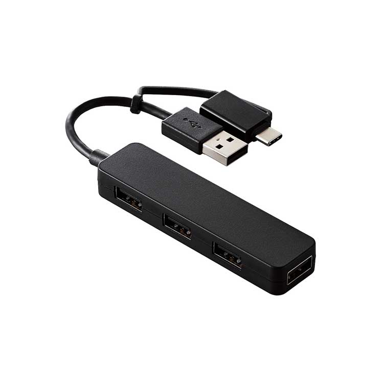 対応機種 USB ハブ 種類 ブラック 特徴 USB-AポートにもUSB Type-C(TM)ポートにも接続できる、変換アダプター付きUSB2.0ハブです。コネクター部分を変えられるため、パソコンとタブレットの両方で使いたい場合にも、これ一...