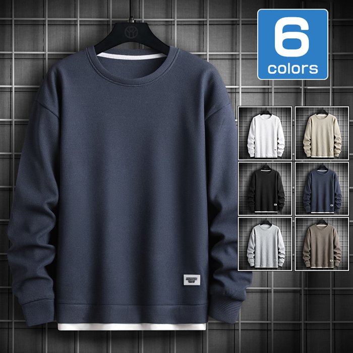 ワッフル トレーナー メンズ 重ね着風 スウェット ワッフル編み クルーネック オーバーサイズ 長袖 無地 おしゃれ ゆったり スポーツ トップス 着回し 韓国ファッション ストリート 秋服 春服 【品　番】youzhil25 【カラー】ホ...