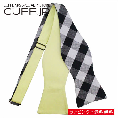 シルクの柔らかい光沢感が上品な蝶ネクタイ。 結び変えることで2種類の柄が楽しめます。 フォーマル・カジュアルといろいろなシチュエーションに対応。 ネックサイズはベルトで調整可能です。 カラー: モノチェック＆イエロー スタイル：手結びタイプ...