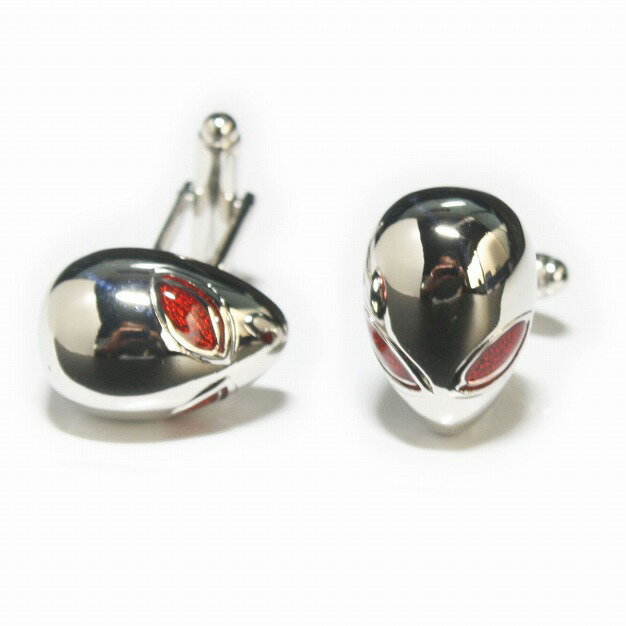 エイリアンをデザインしたカフスボタン 目が赤くて、不気味さがありますよ 袖口に注目が集まることは間違いないですよ ベースカラーーシルバー 素材ーbrass（真鍮） サイズー20x14mm ・選べるお支払い方法　　・各種クレジットカード　・代...