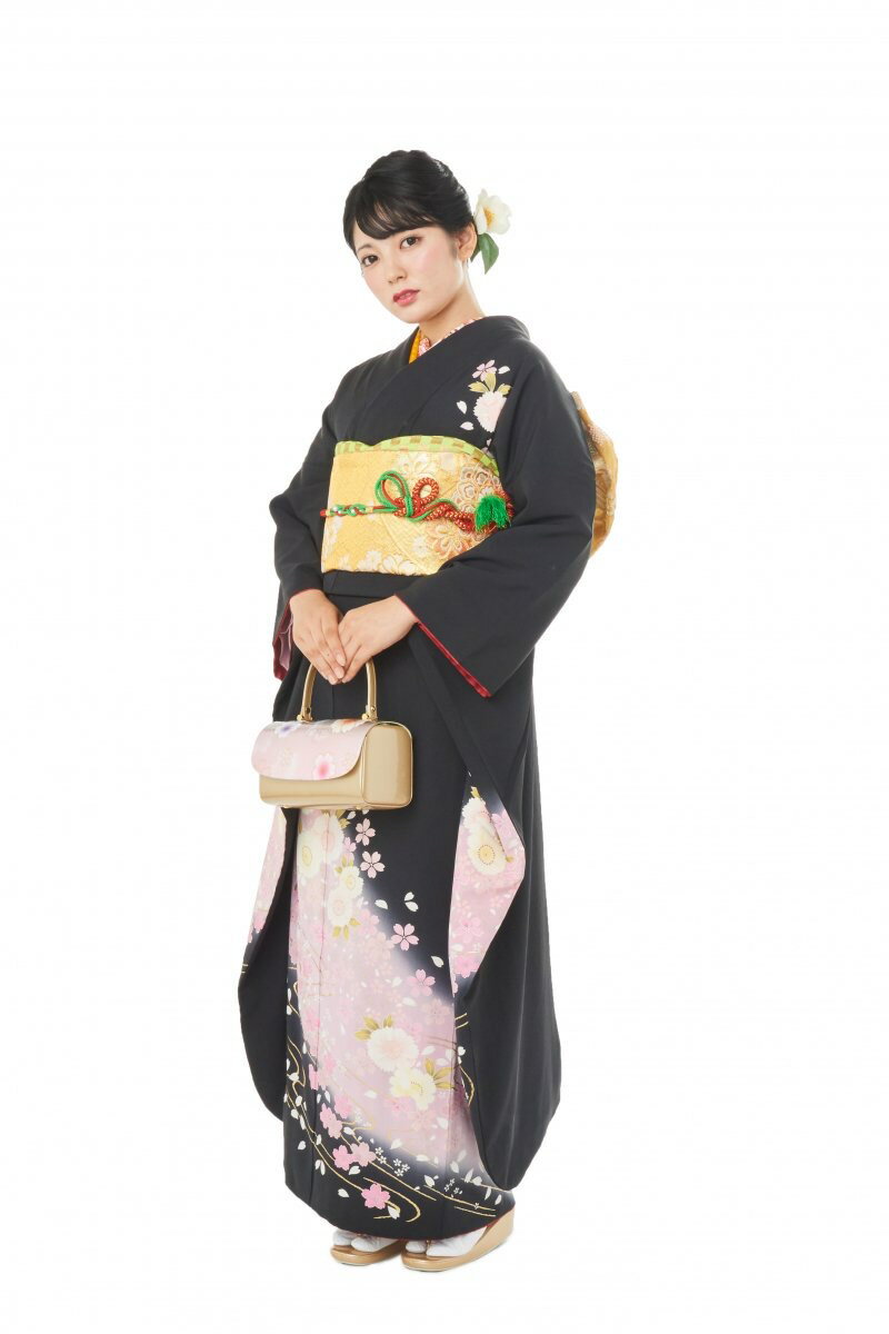 昔も今も人気の高い黒地の振袖です。 なでしこの花をポイントにあしらい、桜の花と花びらを効率的に敷き詰めた飽きのこない振袖です。 ・・・・・・・・・・・・・・・・・・・・・・・・・・・・・・・・・・・・・・・・ 【商品サイズ】 対応身長：15...